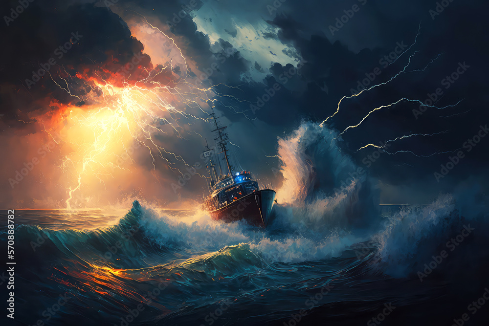 fishing boat navigating during a storm. Thunder and rain big waves on ...