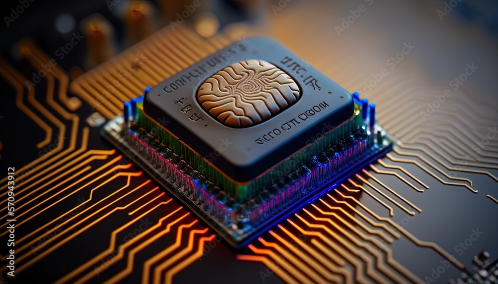 Human brain as a microchip illustration. Digitalization, business, artificial intelligence ...