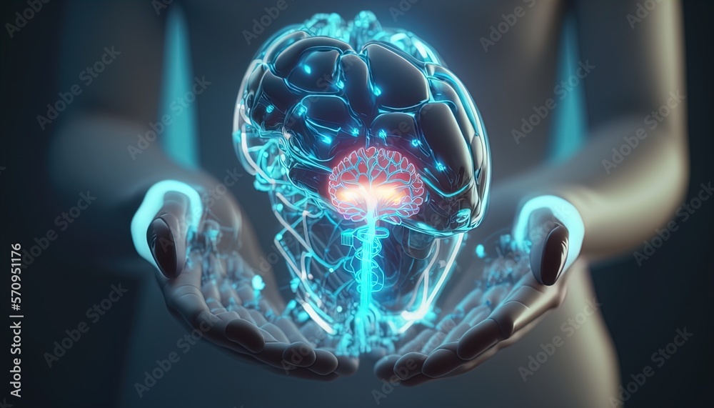 Robot controls a human brain hologram. Digitalization, business, artificial intelligence created ...