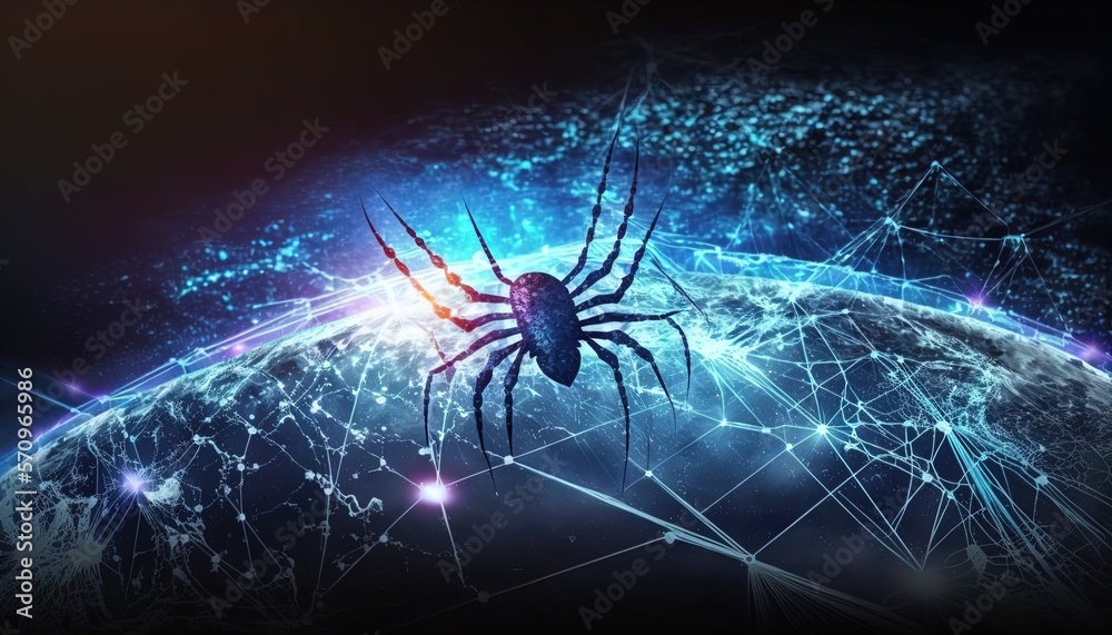 Cyber microchip spider networked on a digital data spider web mesh ...