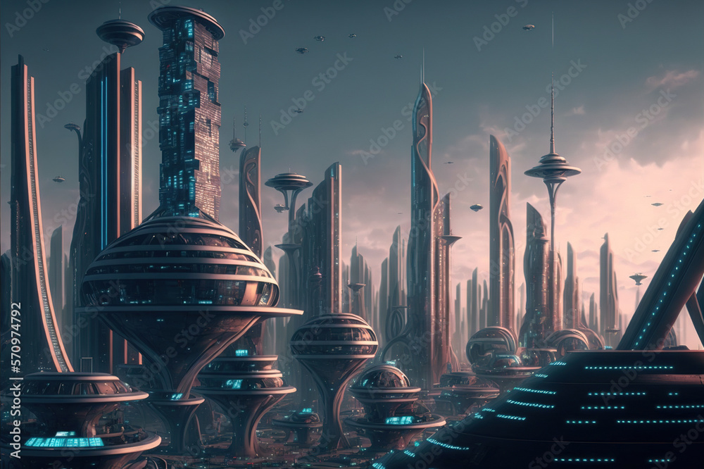 Skyline of futuristic city with fictional architecture in panoramic ...