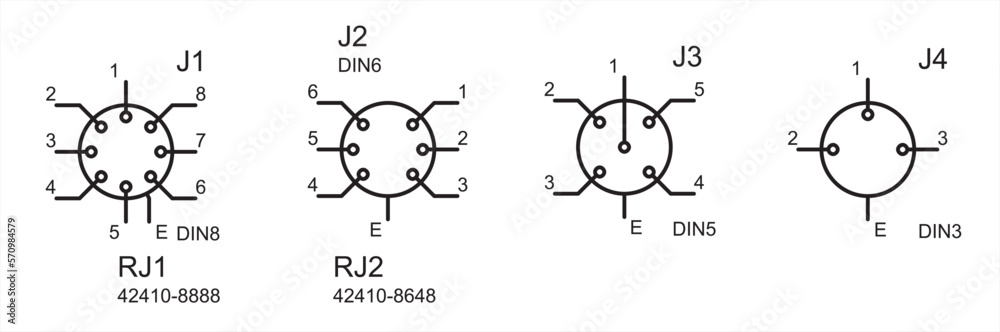 Conditional graphic designations of connectors: audio, rj, din socket ...