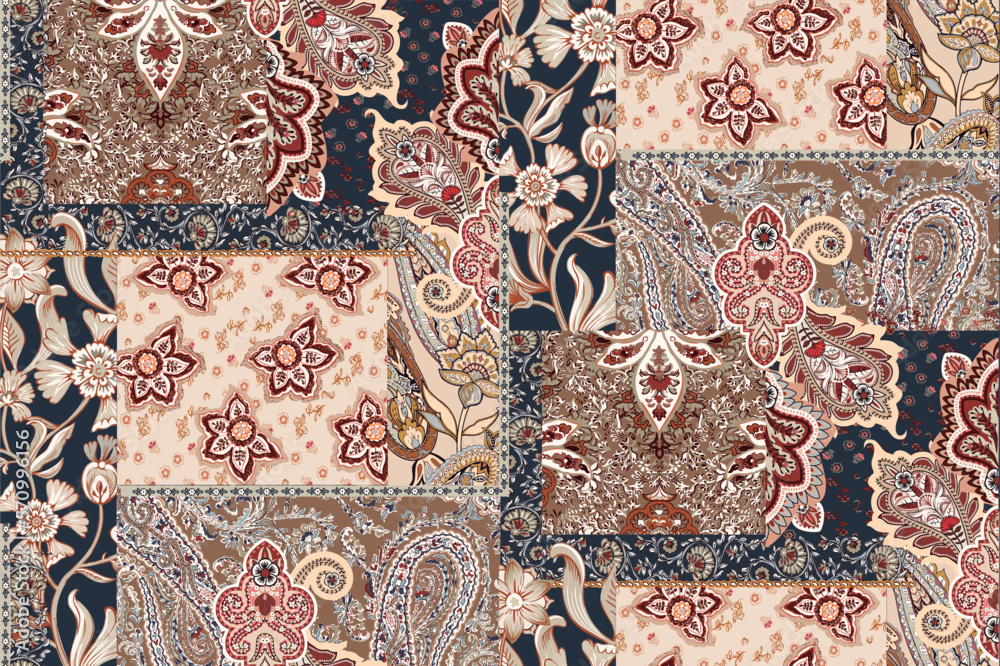 patchwork mosaic pattern with paisley and floral motifs. damask style ...