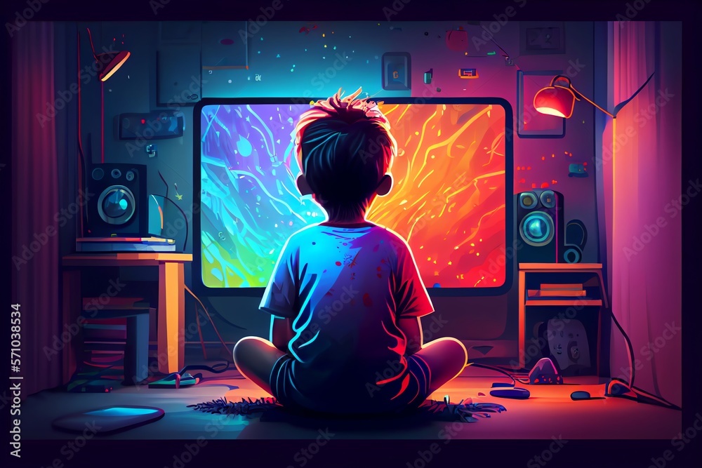 Kid playing video games in his room. Back view of a child sitting in ...