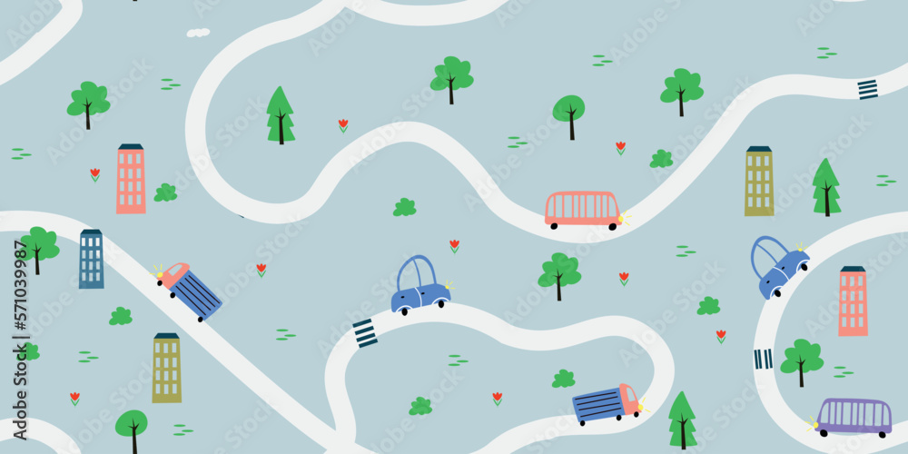 Vector illustration of a beautiful children's map with a car track with ...