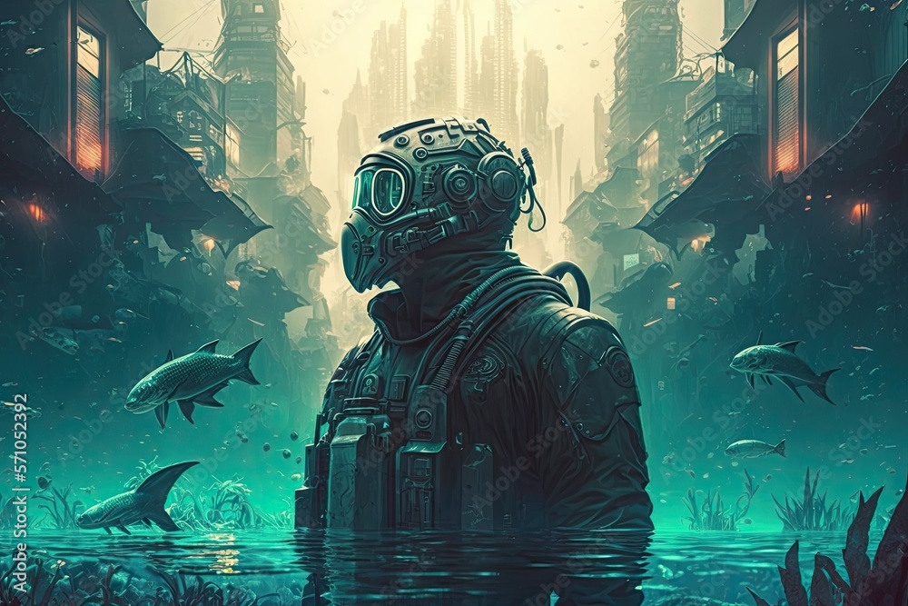 Futuristic cyberpunk illustration of under water city cyberpunk man ...