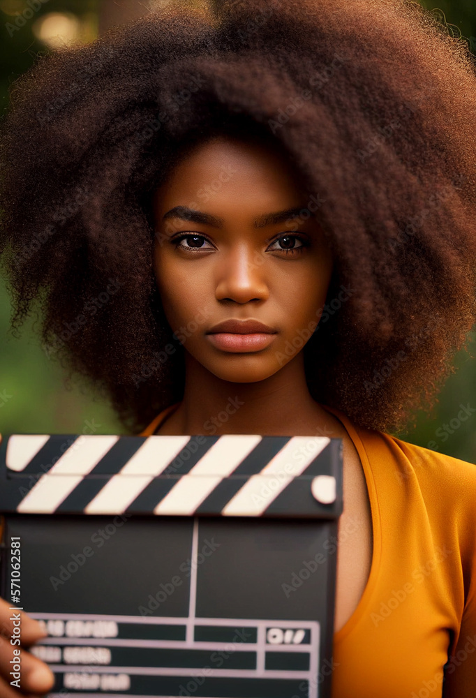 Movie actor audition portrait with clapperboard, young afroamerican ...