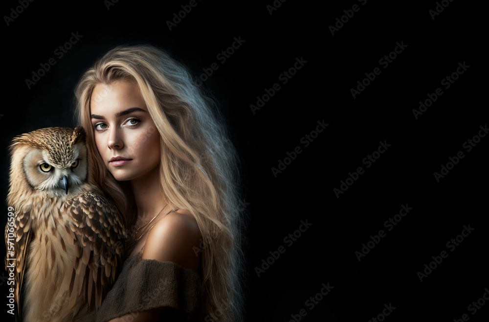Beautiful blonde model pagan woman holding an owl very close to her, on ...