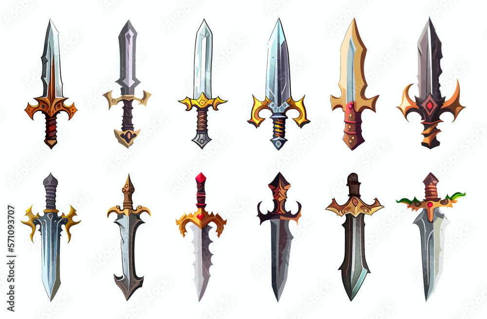 Colorful Fairy Tale knight swords weapon for game interface. Vector ...