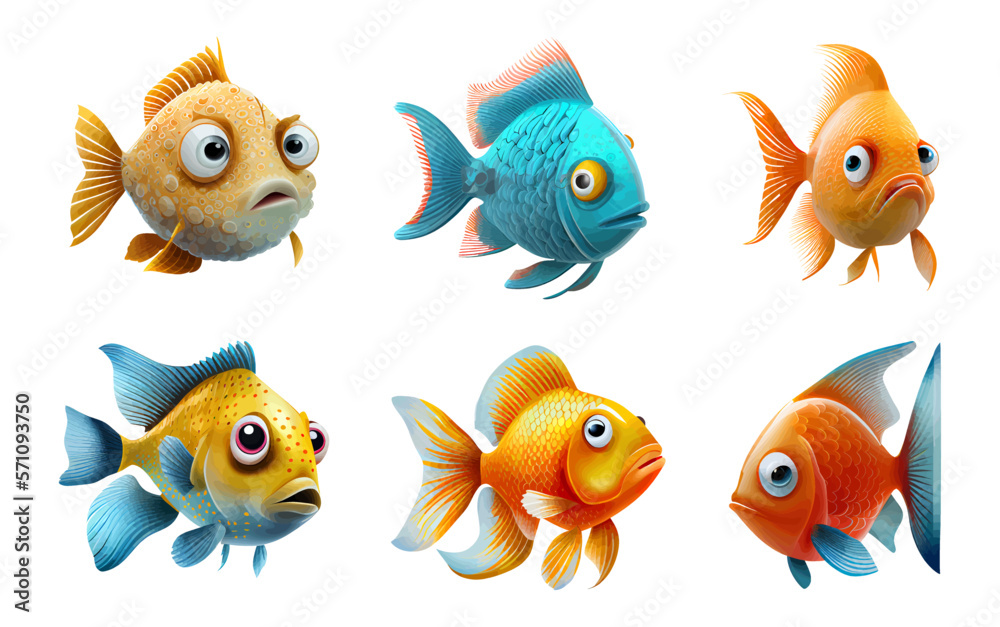 Colorful cartoon set of cute sea fish. Set of freshwater aquarium ...