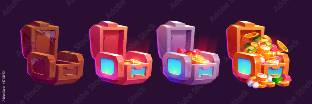 Futuristic game icons of boxes with money. UI elements with future ...