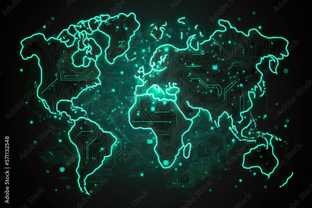 Abstract artificial intelligence world map with futuristic circuit tech ...