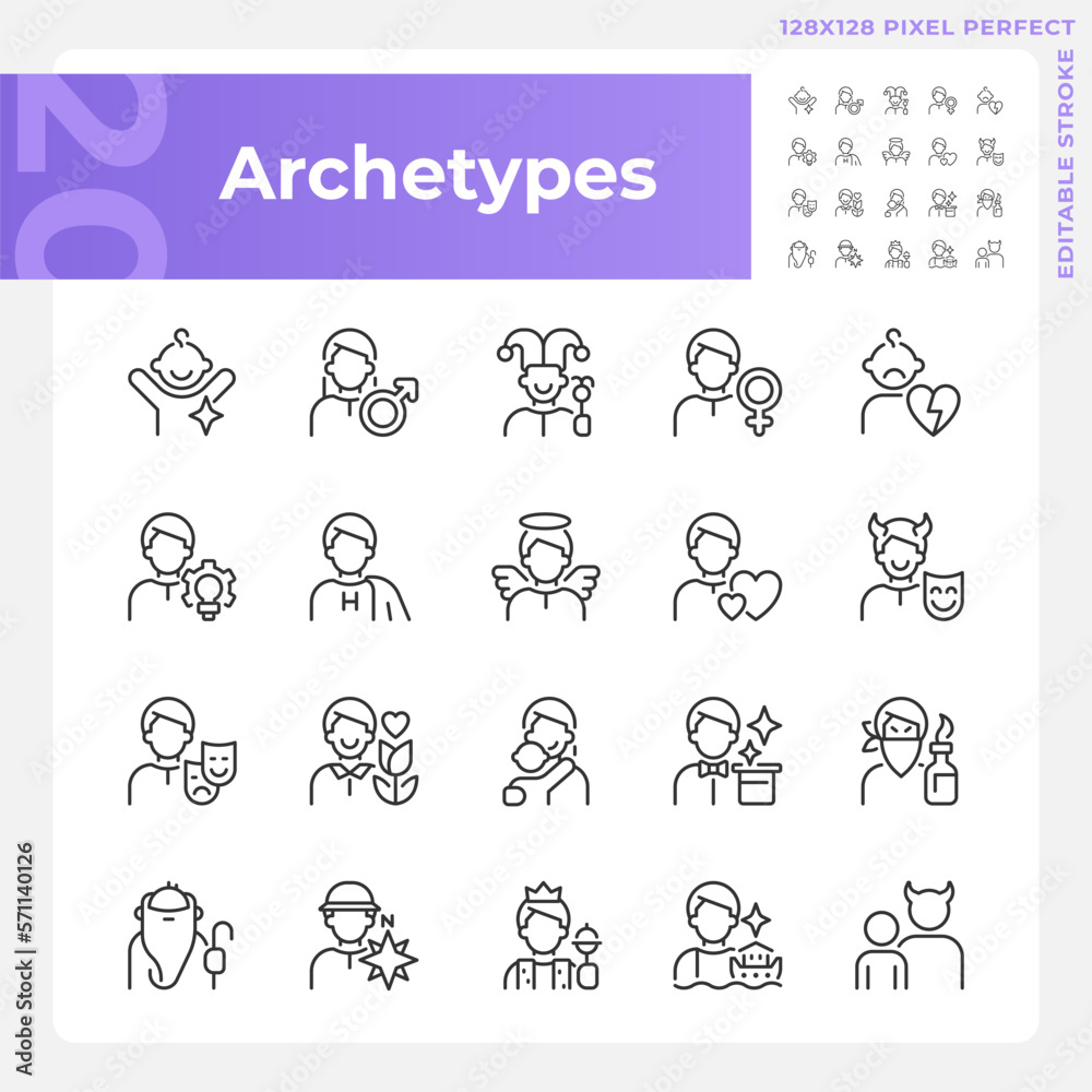 Character archetypes pixel perfect linear icons set. Psychoanalytic ...