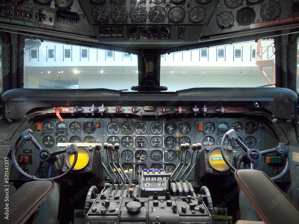 Airplane interior, cockpit view of Douglas DC-7 propeller driven ...