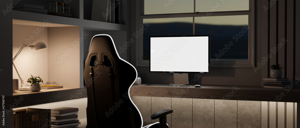 Modern home gaming station at night with modern PC computer mockup ...