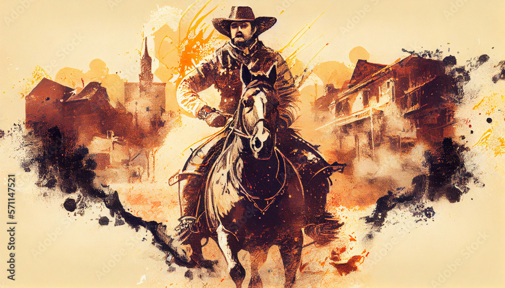 Cowboy riding horse in wild west old town road. Digital art, painting ...