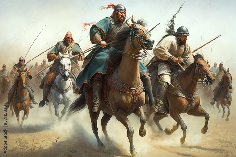 Mongolian army led by Genghis Khan. Ancient cavalry of armed horseback ...