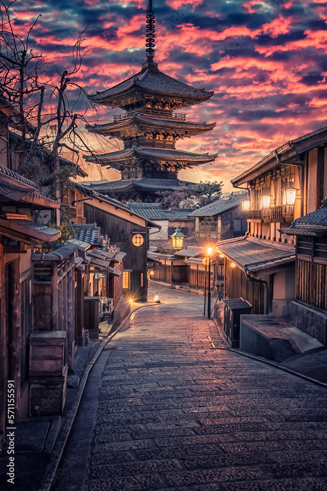 Traditional street in old Kyoto at sunset Stock Photo | Adobe Stock