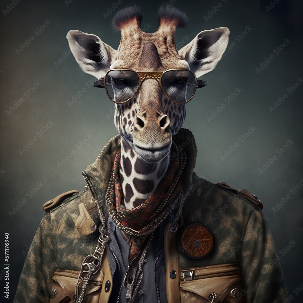 portrait of a giraffe in a jacket and sunglasses, thug or gangster ...
