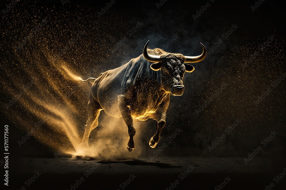 Charging Bull on black background. Bull represents aggressive financial ...