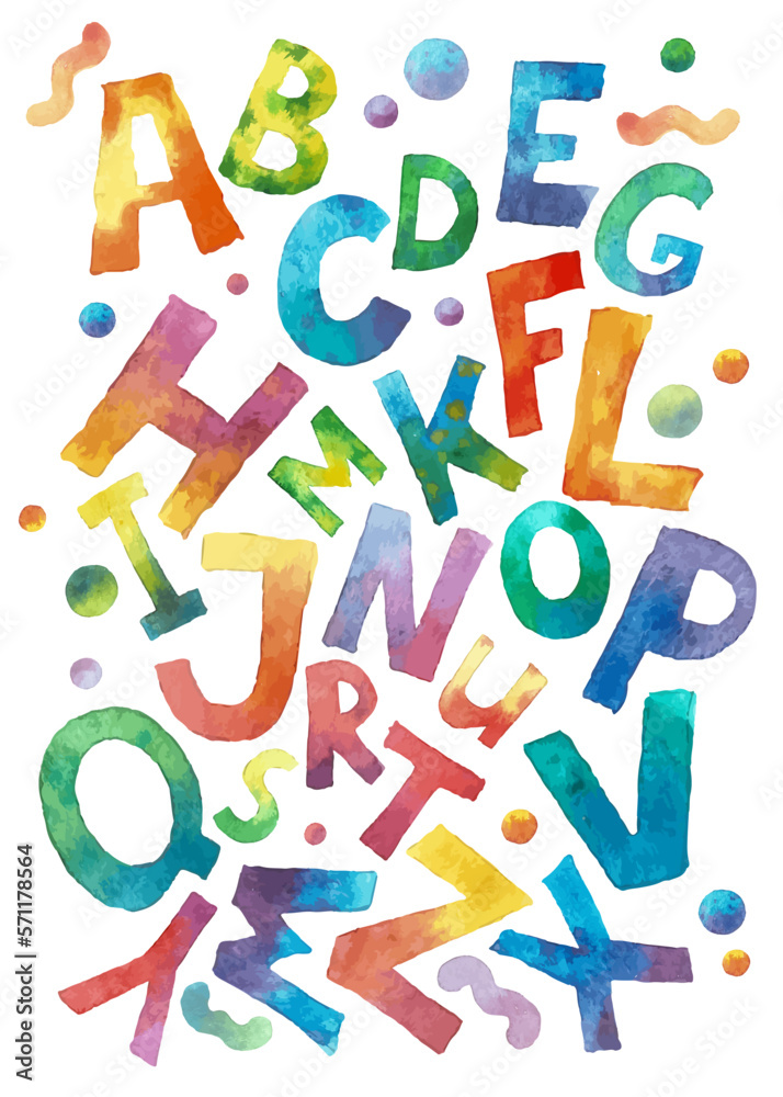 Vector poster of English alphabet in bright rainbow colors: red, orange ...