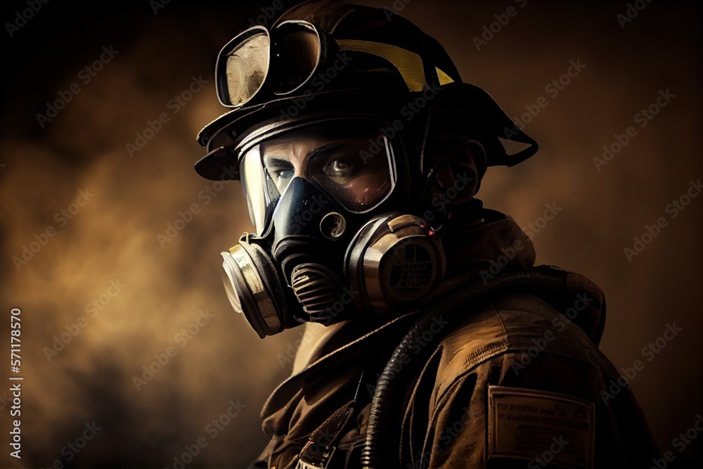 Firefighter with respirator on face. Close up portrait of a serious ...