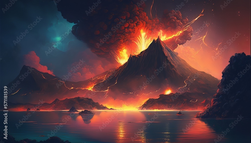 Volcano magma eruption destruction background. Nature catastrophe ...