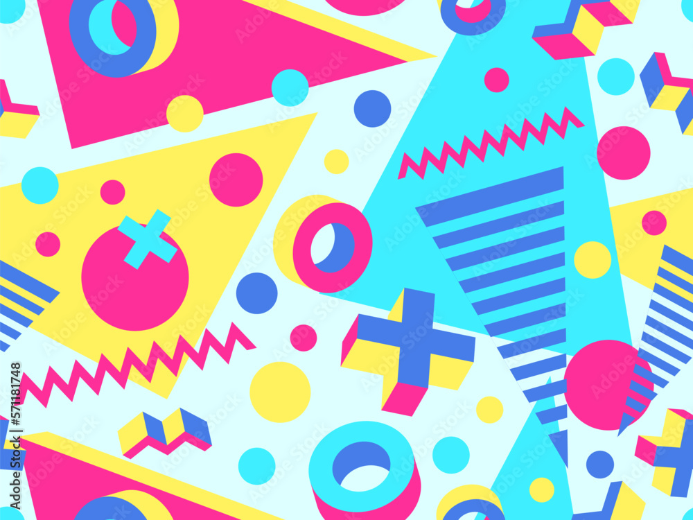 Geometric seamless pattern with 3d shapes in 80s memphis style ...