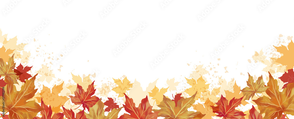 Autumn background. Watercolor maple leaves border. Leaf fall horizontal ...