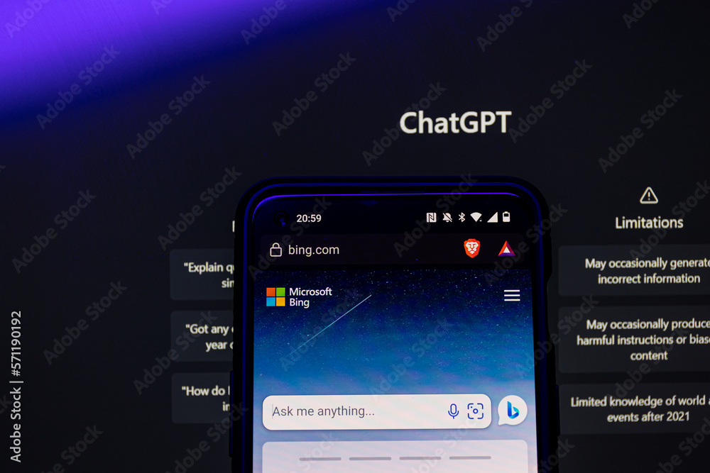 Bing on screen. Microsoft Bing is new AI CHAT bot launched by Microsoft ...