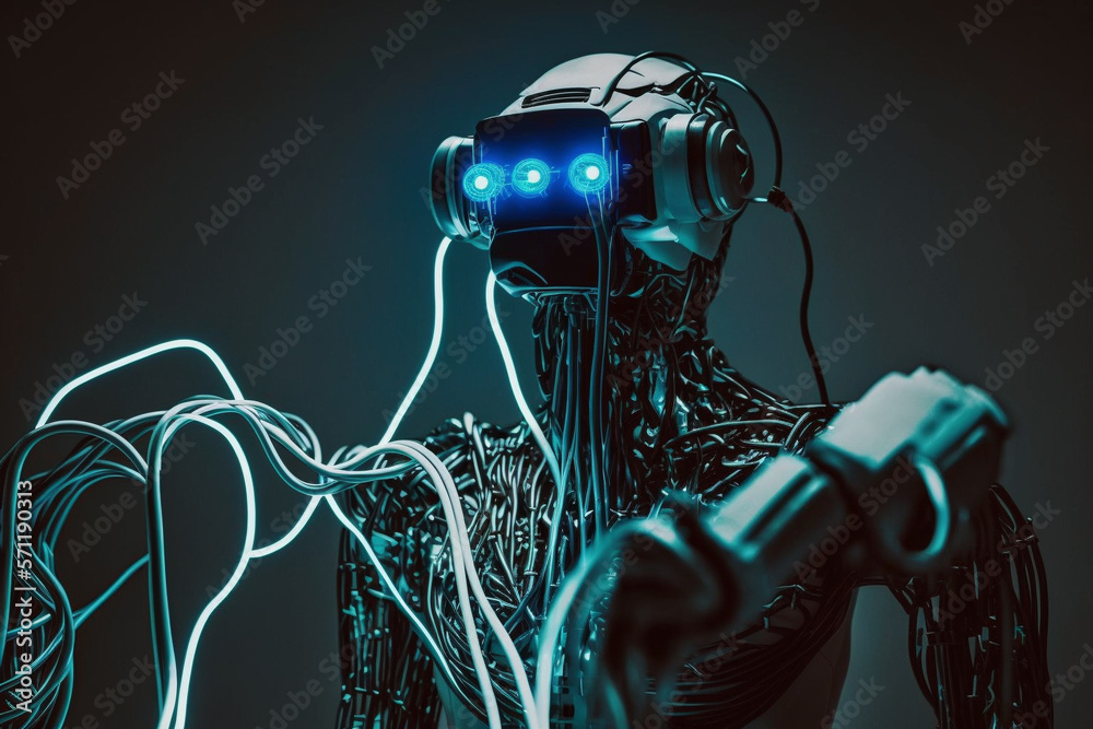 Futuristic robot wearing a VR headset, immersed in a virtual world with ...