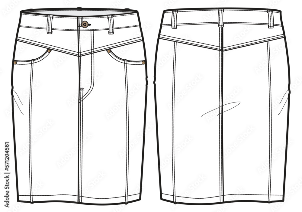 Denim Short Tight Pencil Cut Skirt Front and Back View. Fashion ...