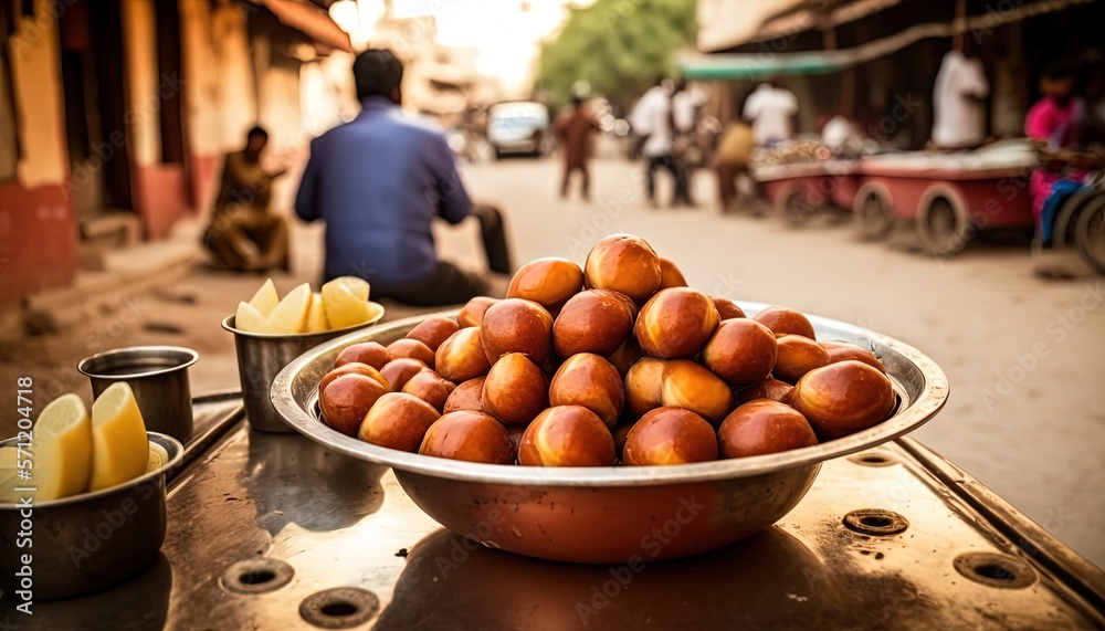 Gulab Jamun stacking on tray, Indian street food with people walking on ...