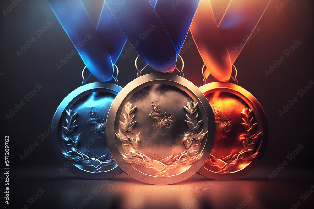 Olympic medals with ribbon, gold silver and bronze metals, for winners ...