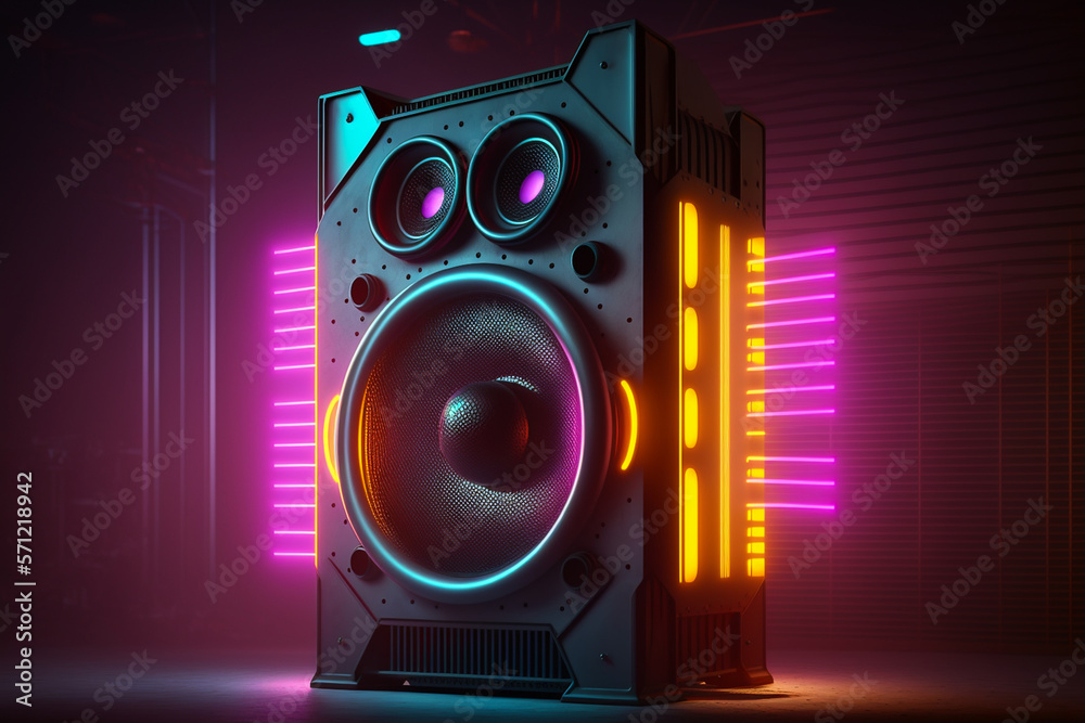 Music speakers and subwoofer blasting loud music, neon colorful glow ...