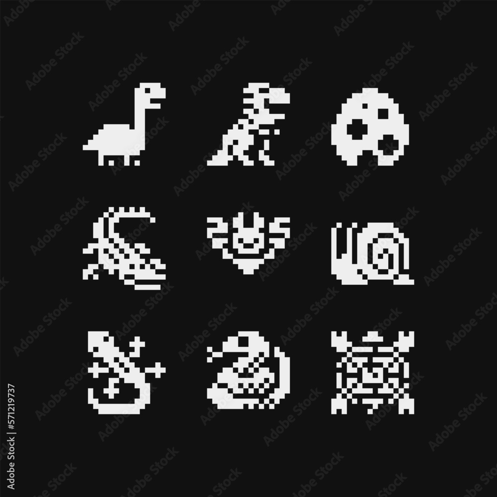 Amphibious animals pixel art icon set dinosaur, crocodile, bat, snail ...