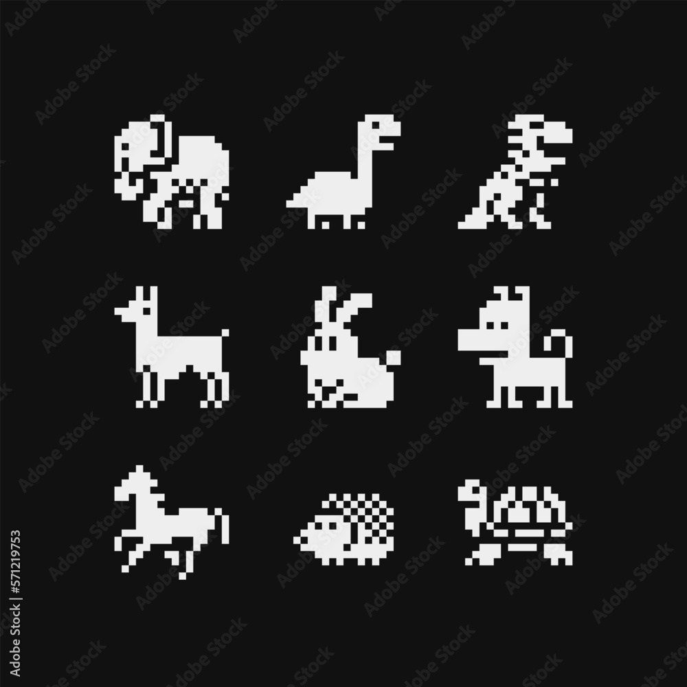 Animals pixel art icon set dinosaur, crocodile, bat, snail, gecko ...