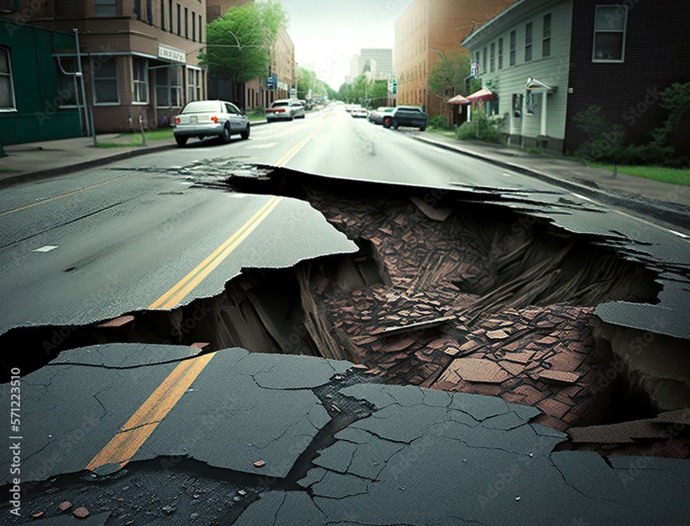 Earthquake cracked road street in city, damaged road surface after ...
