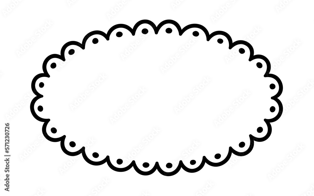 Vetor Doodle oval scalloped frame. Hand drawn scalloped edge ellipse ...