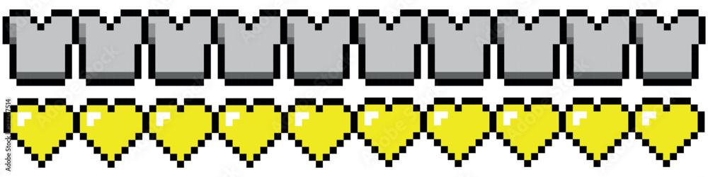 Pixel art is 8-bit. Set of health and armor icons for games, websites ...