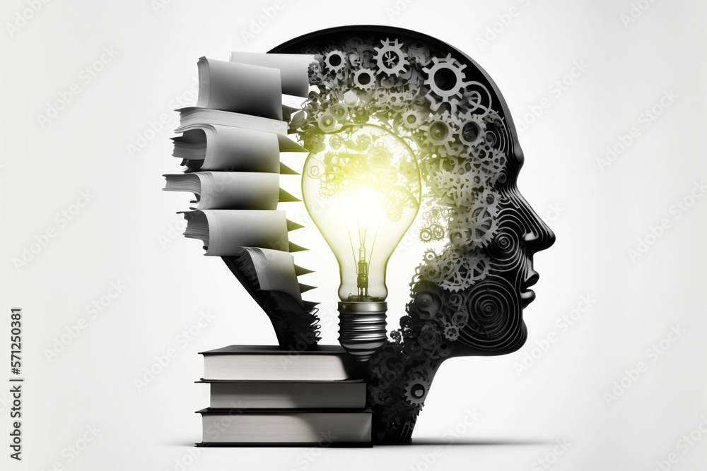 Head with an open book and a light bulb as a metaphor for knowledge and ideas. Art collage Stock ...