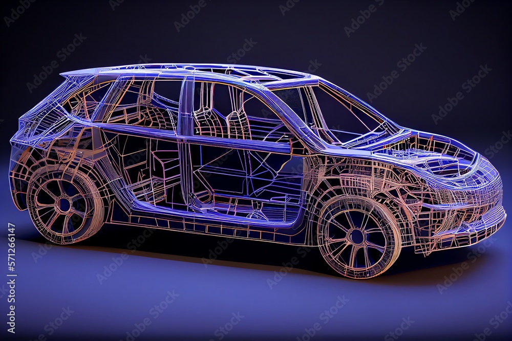 Virtual simulation of future electric car showing wireframe prototype model blueprint in display ...