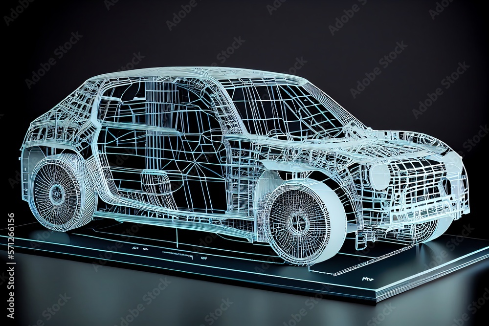 Virtual simulation of future electric car showing wireframe prototype model blueprint in display ...