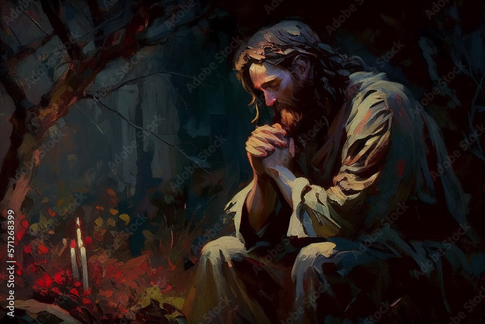 Jesus Christ praying in the garden of Gethsemane before His crucifixion ...
