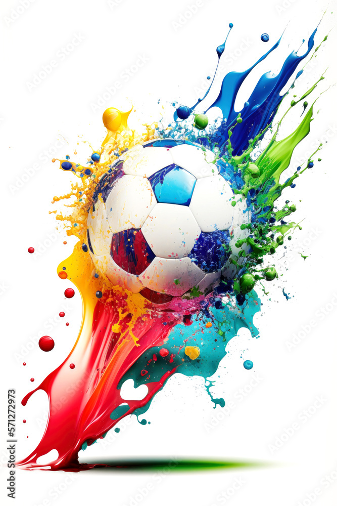Football in colorful water splashes, on white background. Abstract ...