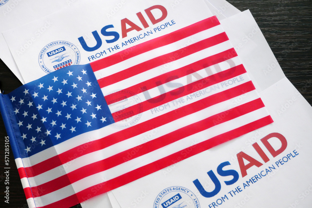 Kiev, Ukraine - 02 12 2023: USAid logo and US flag, USAid is USA agency ...