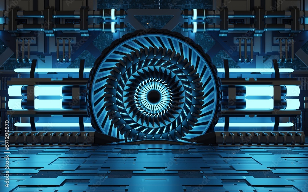 Sci-fi portal turbine background. Blue neons cyberounk background ...