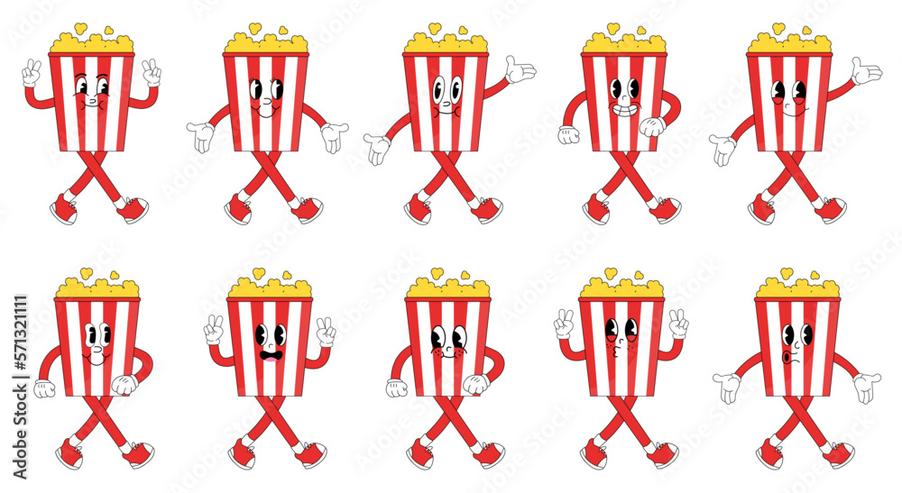 Popcorn. Cute cartoon characters with hands, legs, eyes. Bright comic ...