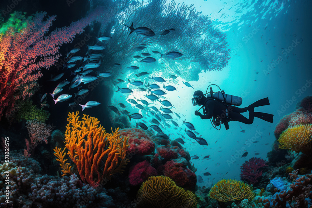 Person scuba diving in a coral reef, with colorful fish and underwater plants visible ...