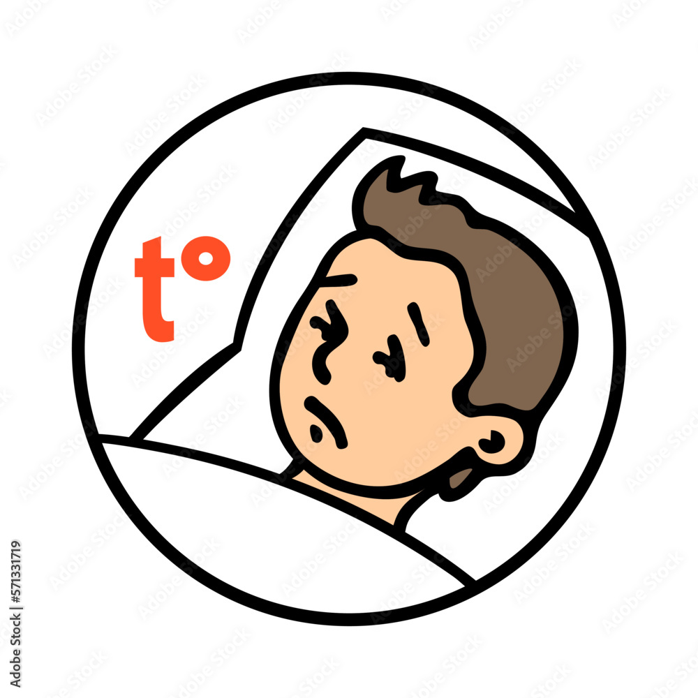 Boy child lies in bed with high temperature. Viral cold disease, a ...